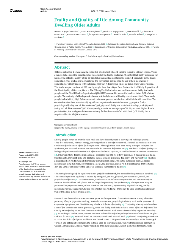 (PDF) Frailty and Quality of Life Among Community-Dwelling Older Adults | DIMITRIOS PAPAGIANNIS ...