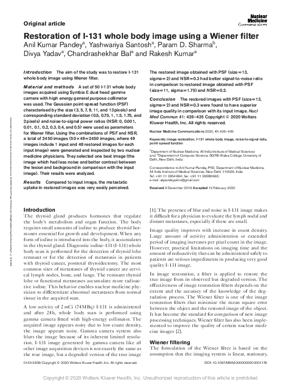 (PDF) Restoration of I-131 whole body image using a Wiener filter