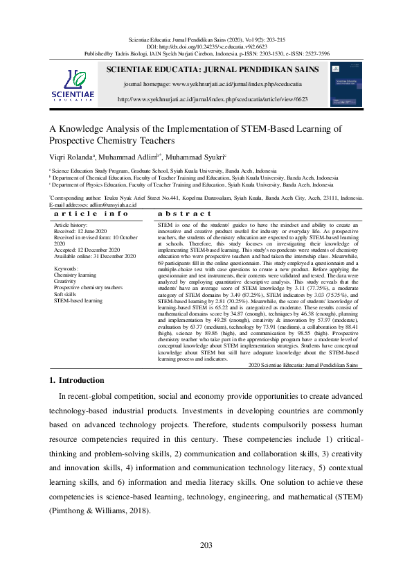 (PDF) A Knowledge Analysis of the Implementation of STEM-Based Learning of Prospective Chemistry ...