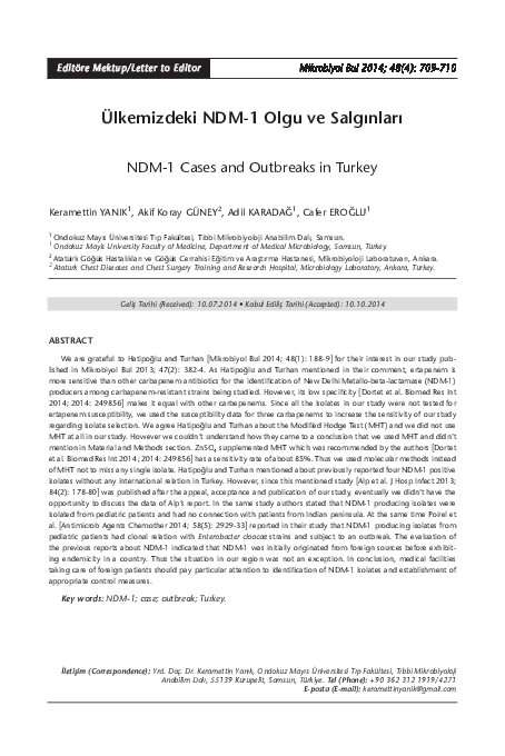 (PDF) Ülkemizdeki NDM-1 Olgu ve Salgınları
