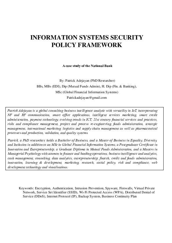 (PDF) INFORMATION SYSTEMS SECURITY POLICY FRAMEWORK A case study of the National Bank