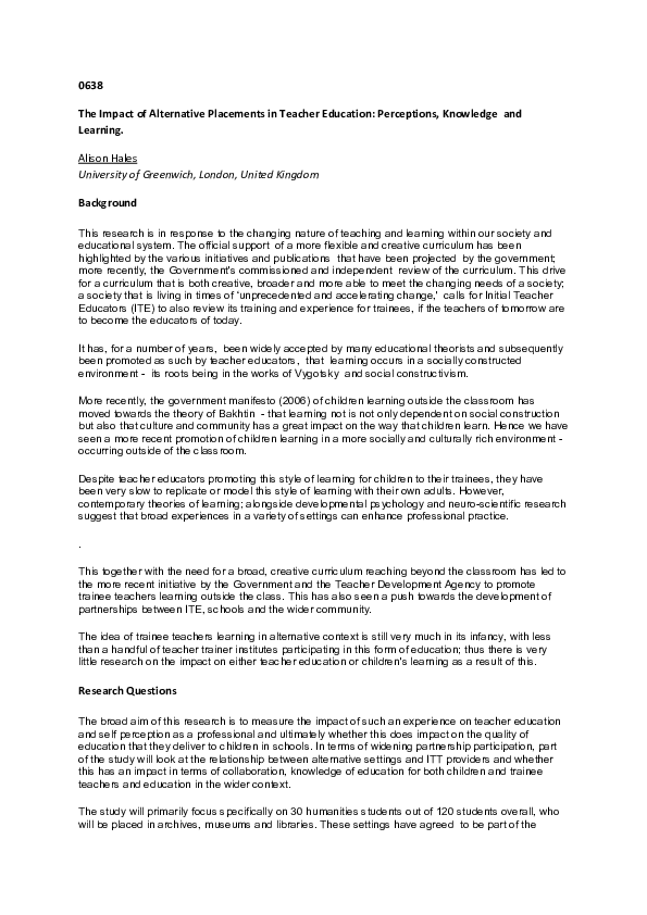 (PDF) The impact of alternative placements in teacher education ...