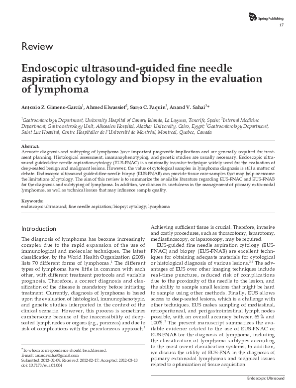 Endoscopic ultrasound-guided fine needle aspiration cytology and biopsy in the evaluation of ...