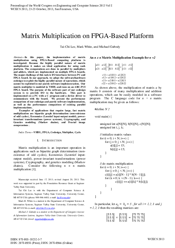 Pdf Matrix Multiplication On Fpga Based Platform