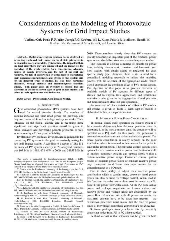 (PDF) Considerations on the modeling of photovoltaic systems for grid ...