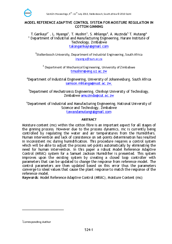 (PDF) Model Reference Adaptive Control System For Moisture Regulation In Cotton Ginning ...