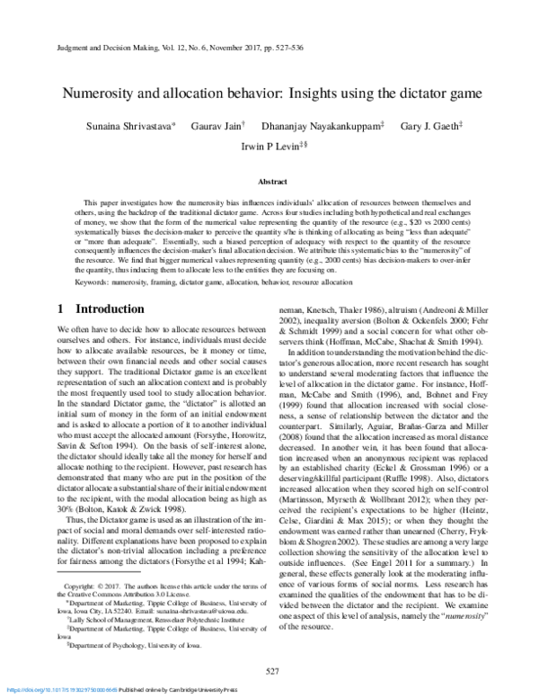 (PDF) Numerosity and allocation behavior: Insights using the dictator game