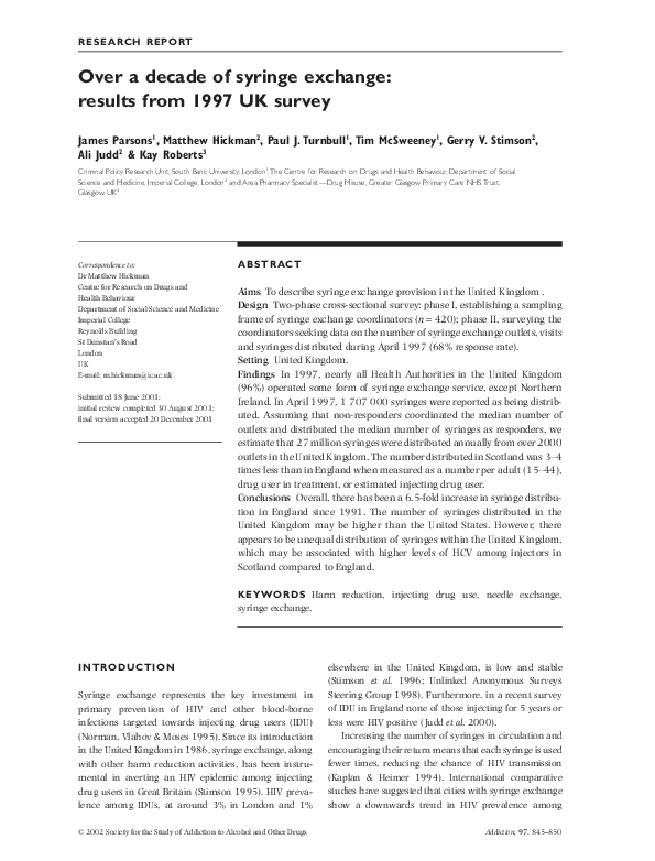 (PDF) Over a decade of syringe exchange: results from 1997 UK survey