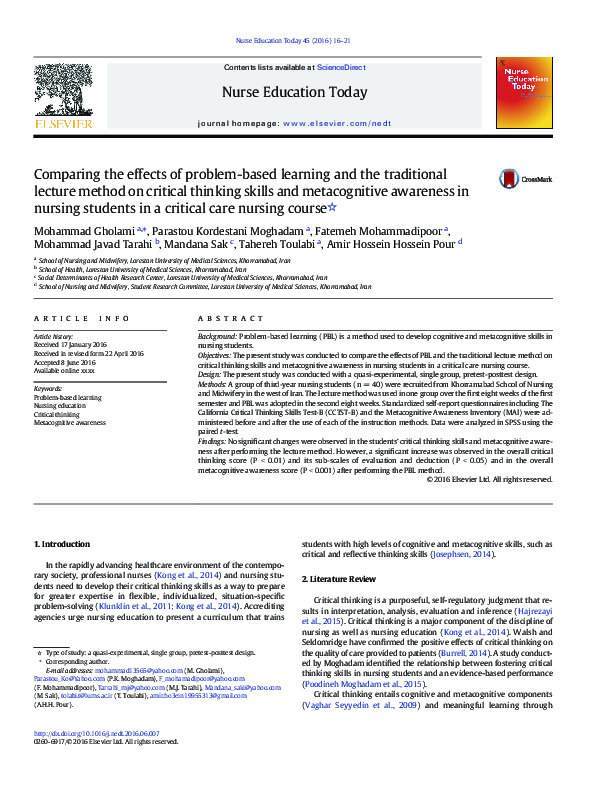 Pdf Comparing The Effects Of Problem Based Learning And The Traditional Lecture Method On