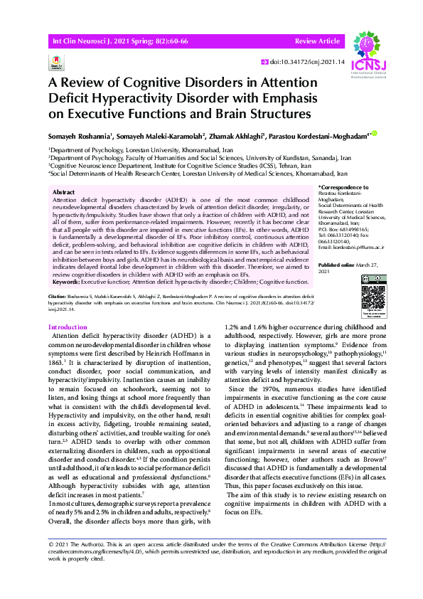 (PDF) A Review of Cognitive Disorders in Attention Deficit Hyperactivity Disorder with Emphasis ...