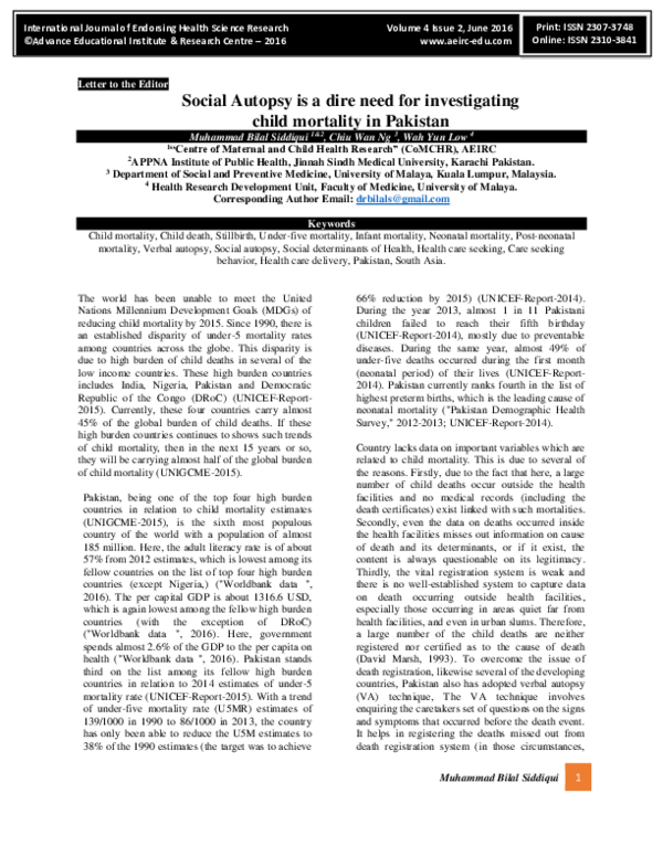 (PDF) Social Autopsy is a Dire Need for Investigating Child Mortality ...