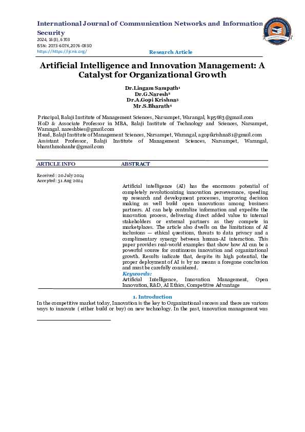 (PDF) Artificial Intelligence and Innovation Management: A Catalyst for Organizational Growth