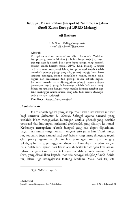 (PDF) Korupsi Massal dalam Perspektif Nomokrasi Islam (Studi Kasus Korupsi DPRD Malang)