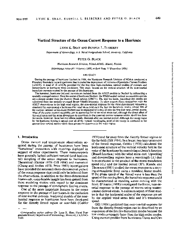 (PDF) Vertical Structure of the Ocean Current Response to a Hurricane