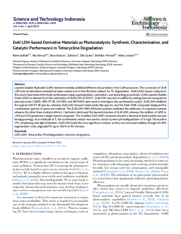 (PDF) Znal Ldh-Based Derivative Materials as Photocatalysts: Synthesis, Characterization, and ...