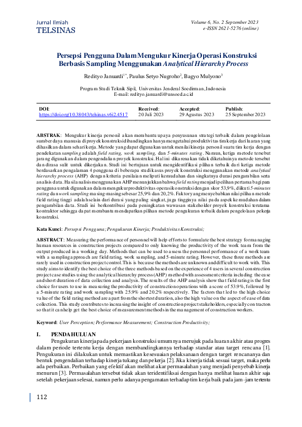 (PDF) Persepsi Pengguna Dalam Mengukur Kinerja Operasi Konstruksi Berbasis Sampling Menggunakan ...