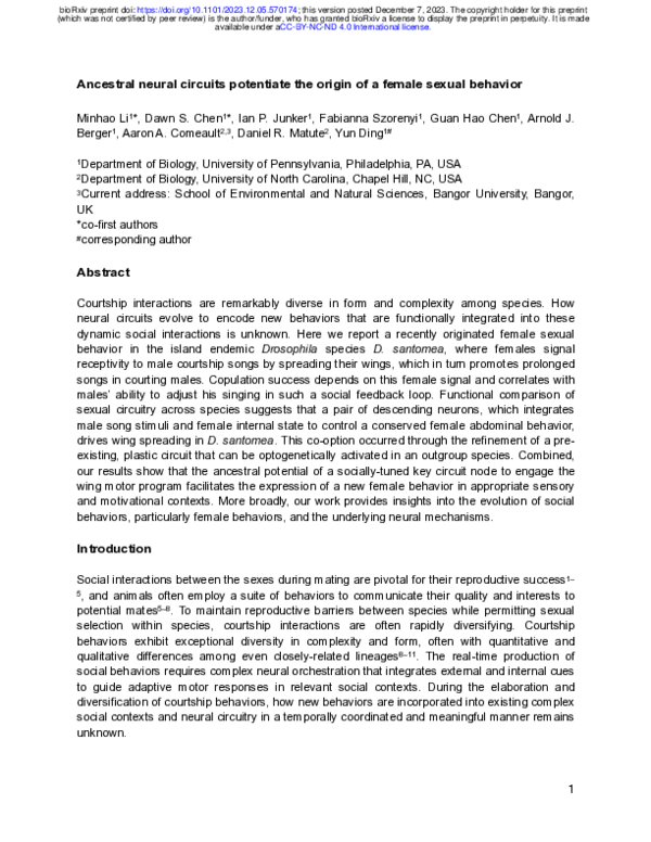 Pdf Ancestral Neural Circuits Potentiate The Origin Of A Female