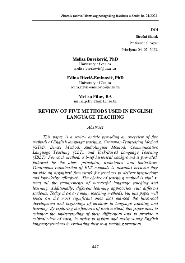 (PDF) Review of five methods used in english language teaching