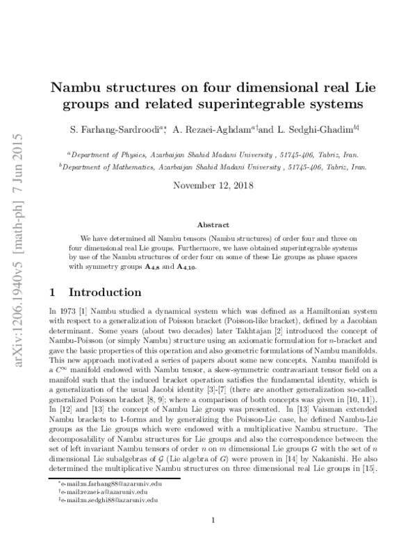 (PDF) Nambu structures on four-dimensional real Lie groups and related superintegrable systems
