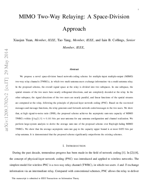 Pdf Multiple Input Multiple Output Two Way Relaying A Space Division