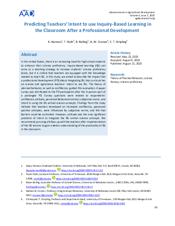 (PDF) Predicting teachers’ intent to use inquiry-based learning in the ...