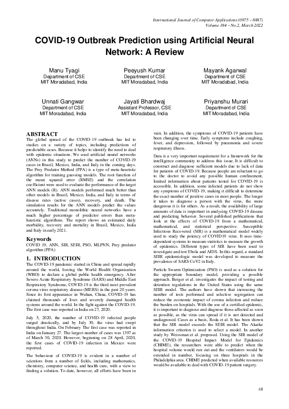 (PDF) COVID-19 Outbreak Prediction using Artificial Neural Network: A Review