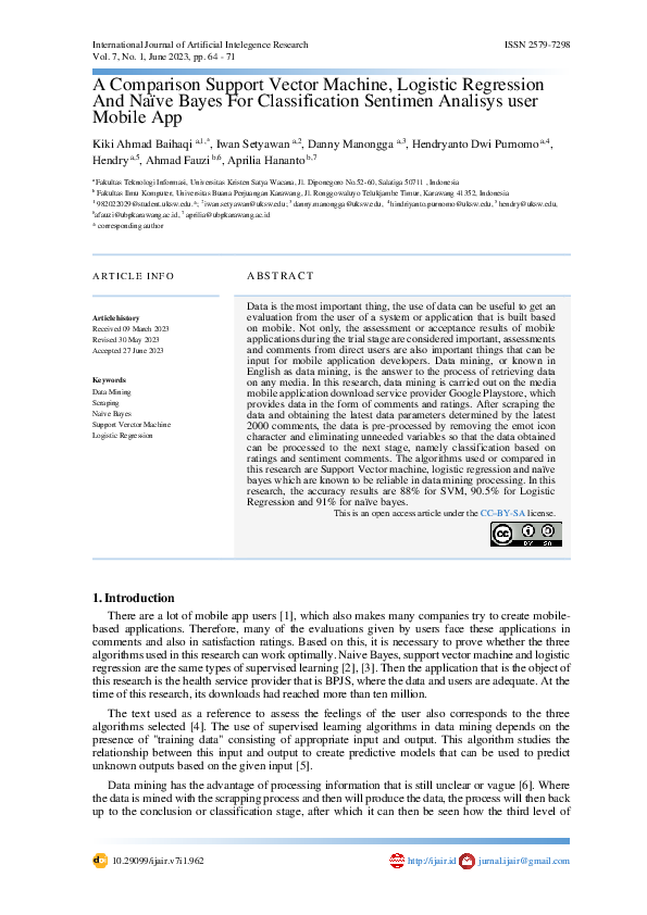 (PDF) A Comparison Support Vector Machine, Logistic Regression And Naïve Bayes For ...