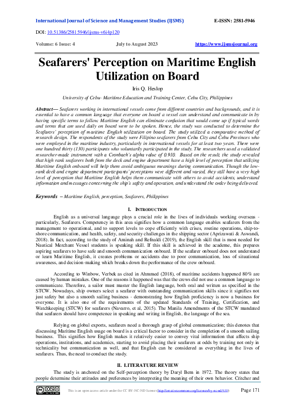 (PDF) Seafarers' Perception on Maritime English Utilization on Board