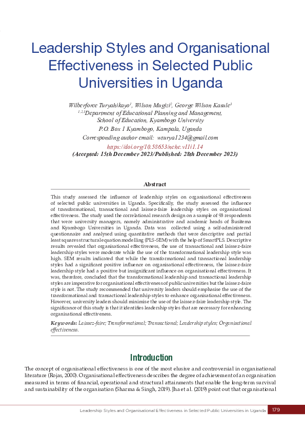 (PDF) Leadership Styles and Organisational Effectiveness in Selected Public Universities in Uganda