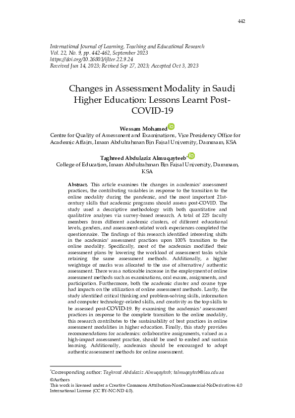 (PDF) Changes in Assessment Modality in Saudi Higher Education: Lessons Learnt Post-COVID-19