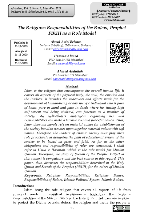 (PDF) The Religious Responsibilities of the Rulers; Prophet PBUH as a ...