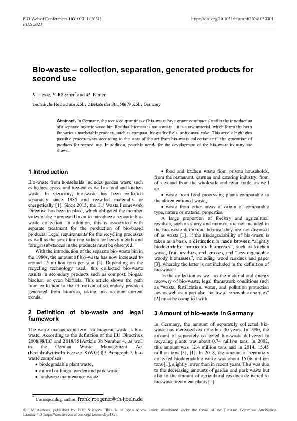 (PDF) Bio-waste – collection, separation, generated products for second use