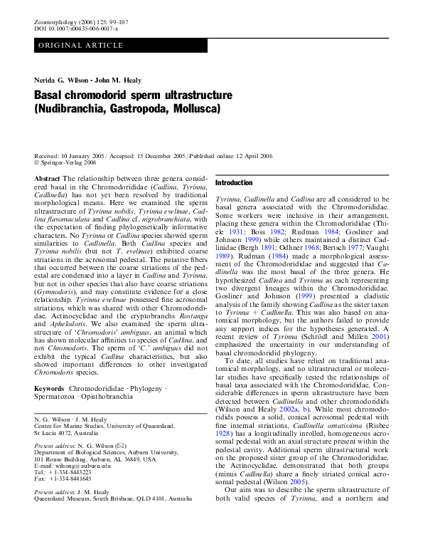 (PDF) Basal chromodorid sperm ultrastructure (Nudibranchia, Gastropoda, Mollusca) | john healy ...