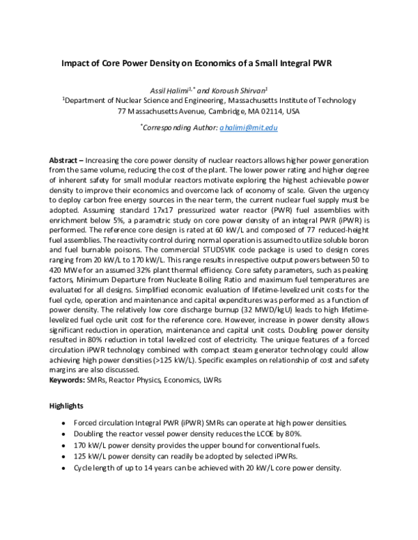 (PDF) Impact of Core Power Density on Economics of a Small Integral PWR