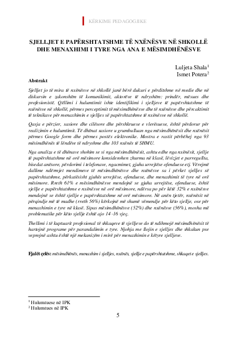 (PDF) Sjelljet e papërshtatshme të nxënësve në shkollë dhe menaxhimi i ...
