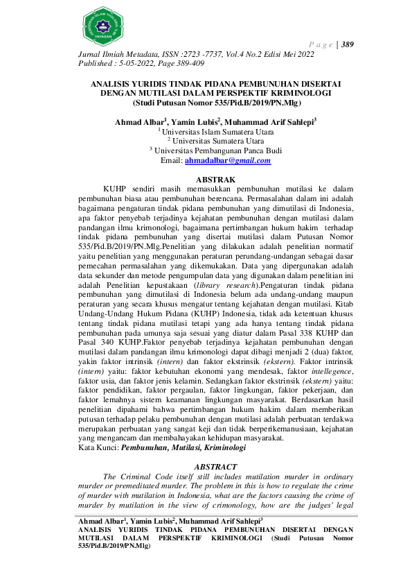 (PDF) ANALISIS YURIDIS TINDAK PIDANA PEMBUNUHAN DISERTAI DENGAN MUTILASI DALAM PERSPEKTIF ...