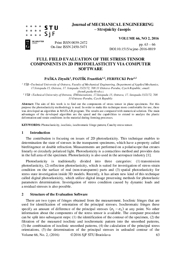 (PDF) Full Field Evaluation of the Stress Tensor Components in 2D Photoelasticity Via Computer ...
