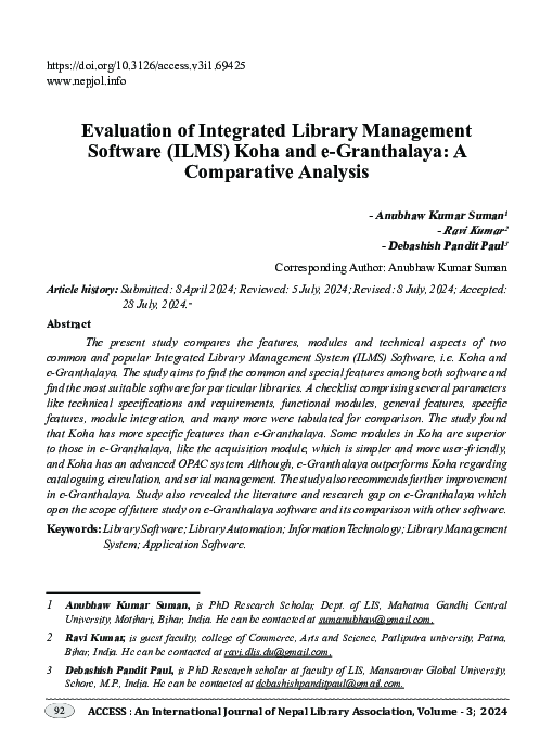 (PDF) Evaluation of Integrated Library Management Software (ILMS) Koha and e-Granthalaya: A ...