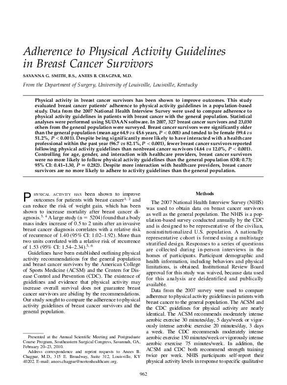 (PDF) Adherence to Physical Activity Guidelines in Breast Cancer Survivors