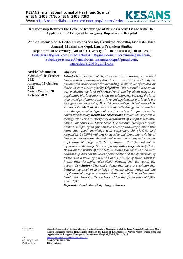 Pdf Relationship Between The Level Of Knowledge Of Nurses About Triage With The Application Of