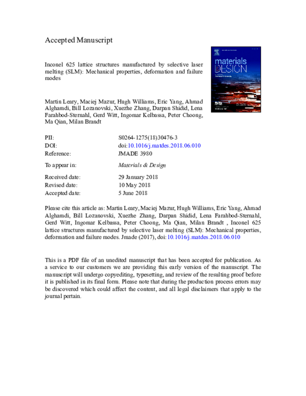 (PDF) Inconel 625 lattice structures manufactured by selective laser ...