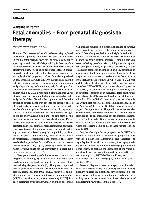 (PDF) Fetal anomalies – From prenatal diagnosis to therapy