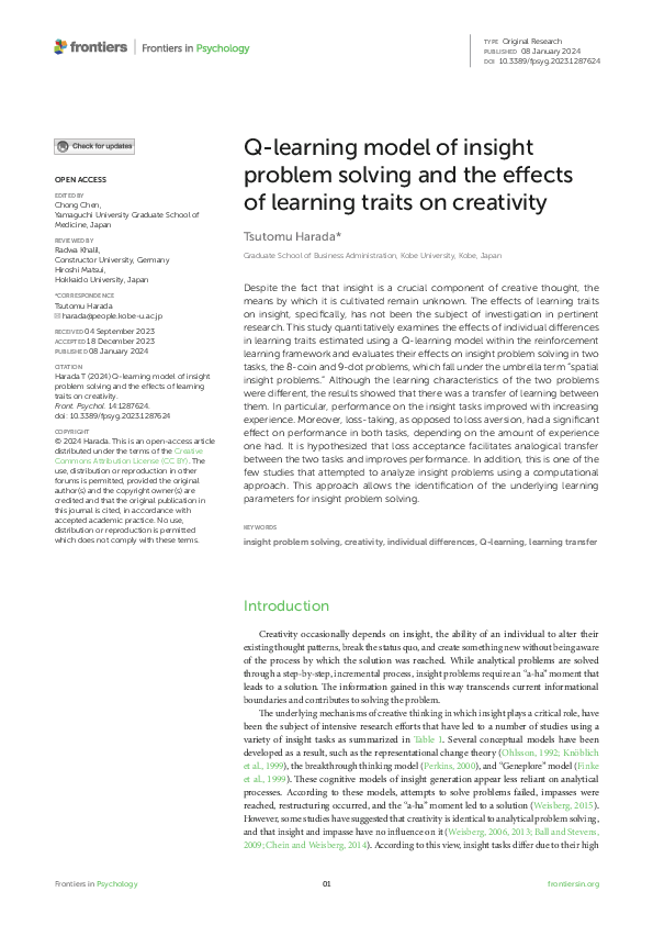 (PDF) Q-learning model of insight problem solving and the effects of ...