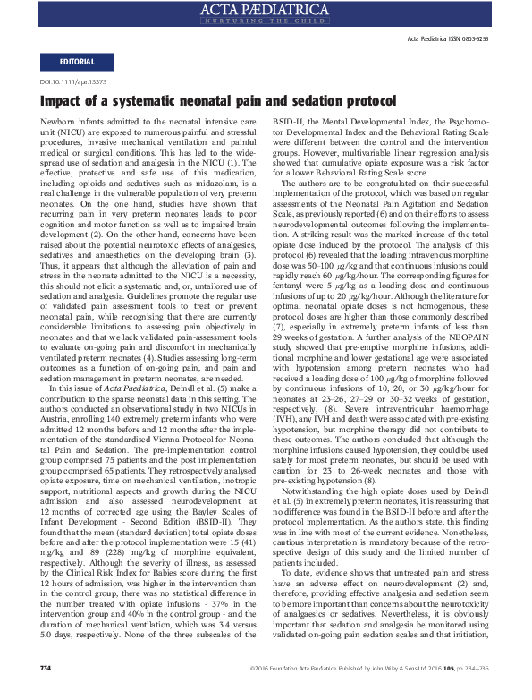 (PDF) Impact of a systematic neonatal pain and sedation protocol