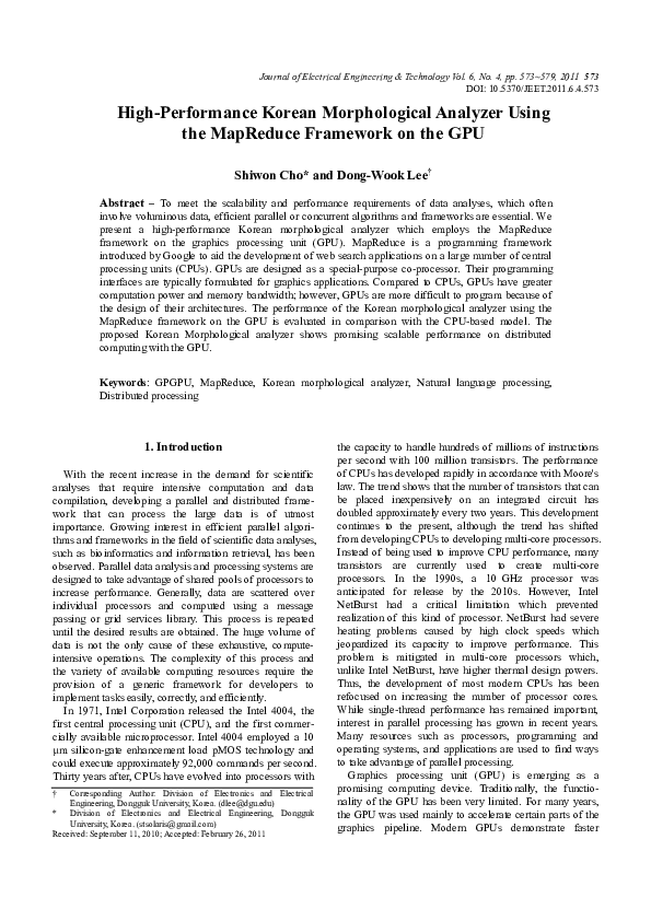 (PDF) High-Performance Korean Morphological Analyzer Using the MapReduce Framework on the GPU