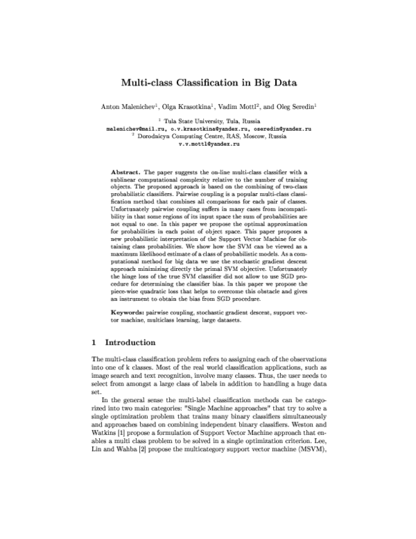 (PDF) Multi-class Classification in Big Data