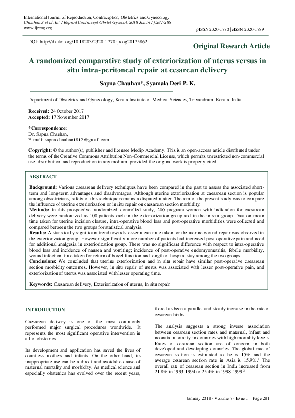 (PDF) A randomized comparative study of exteriorization of uterus ...