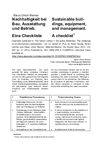 (PDF) The Green Library: Sustainable buildings, equipment, and management - A checklist