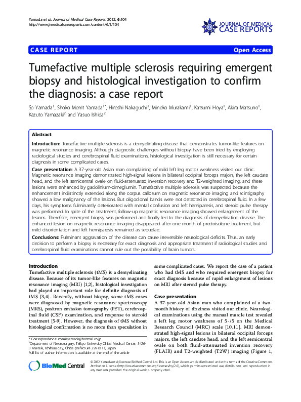 (PDF) Tumefactive multiple sclerosis requiring emergency craniotomy ...