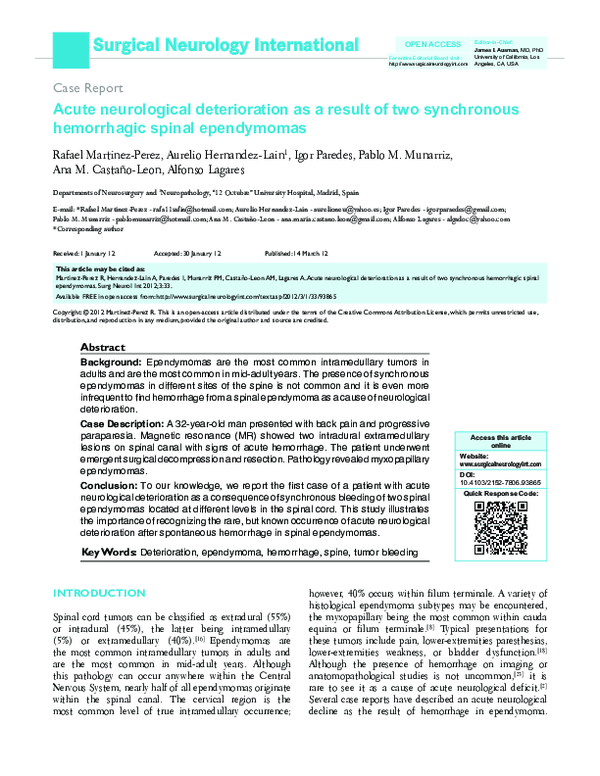 (PDF) Acute neurological deterioration as a result of two synchronous hemorrhagic spinal ...